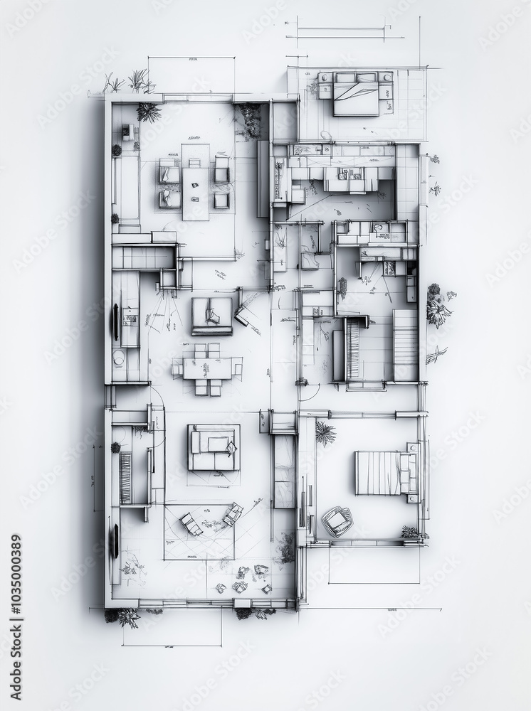 A complex black and white floor plan of a modern house showcasing ...