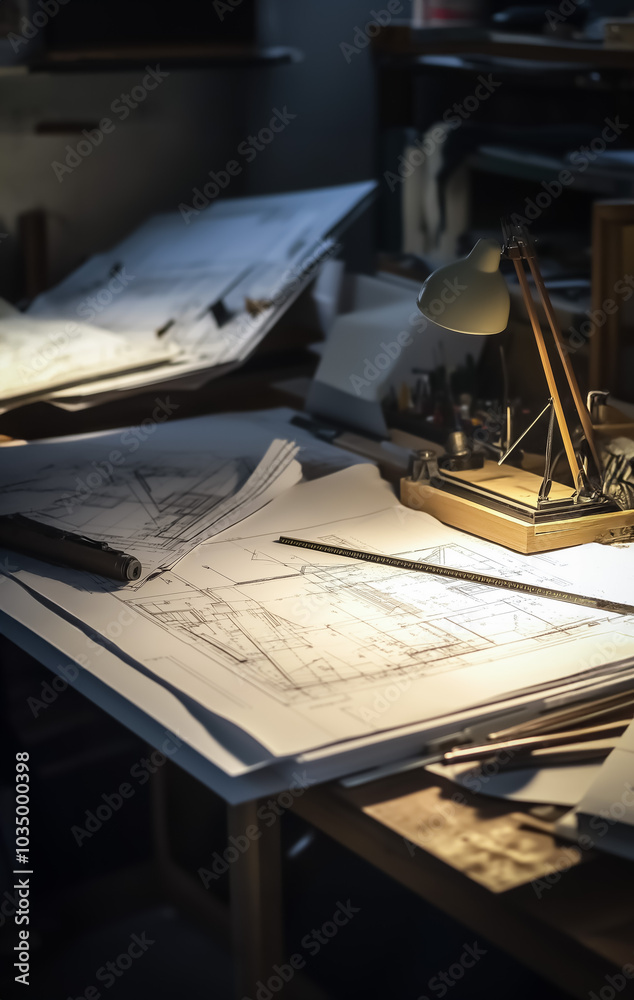 An architect's drafting table filled with blueprints and measuring ...