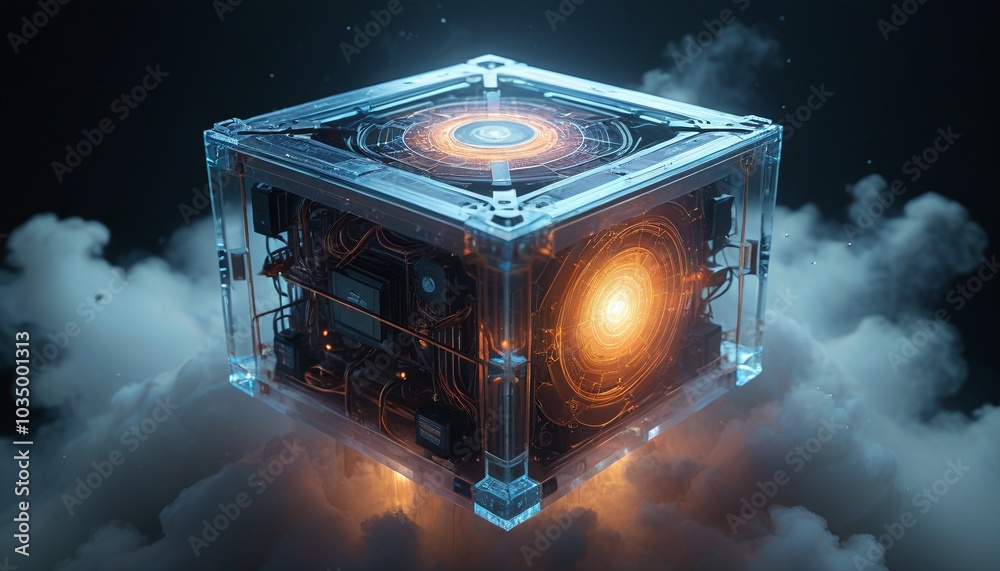 A radiant quantum computer floats silently in thick mist, its glow ...