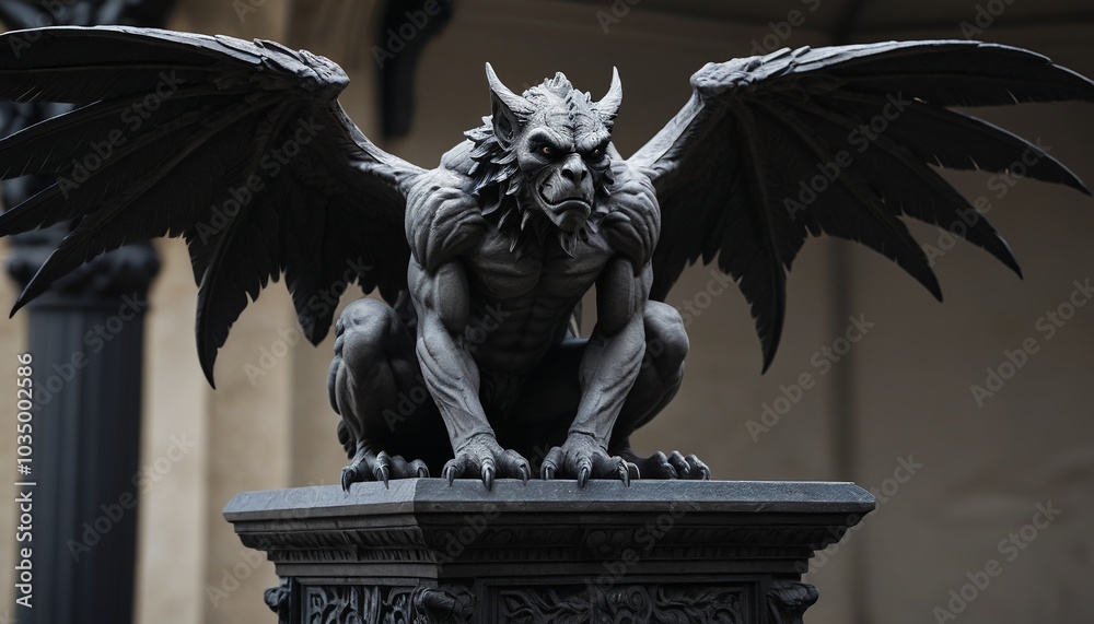 A stone-carved gargoyle, hunched in a menacing pose, with sharp wings ...