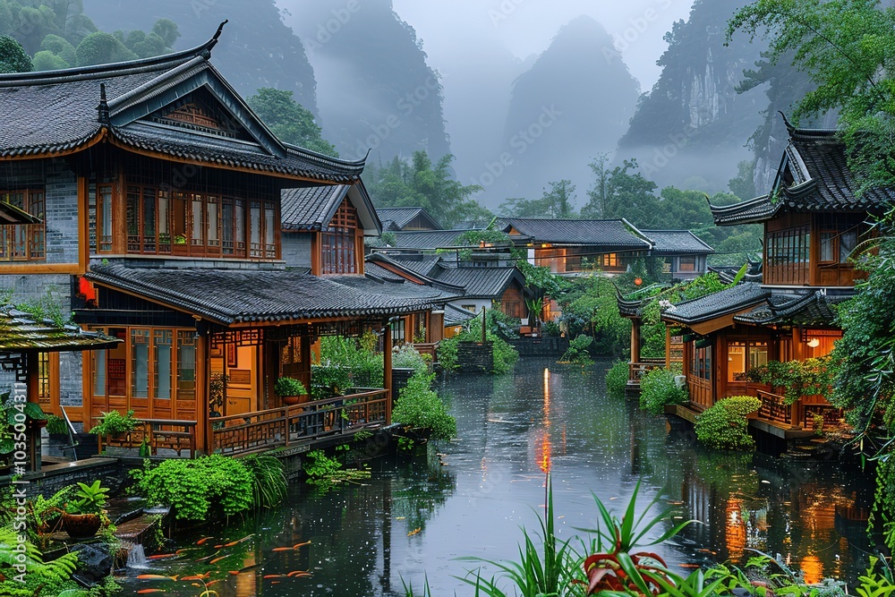 Traditional Chinese homes with intricate details and curved roofs line ...