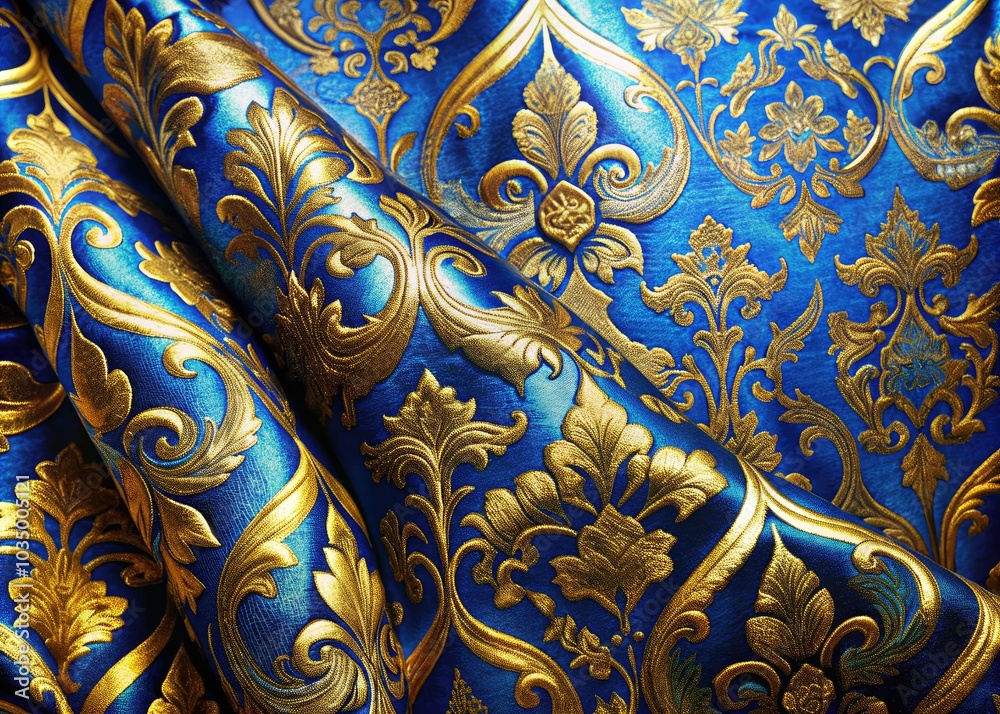 Stylish metallic blue and gold brocade abstract design, ideal for ...