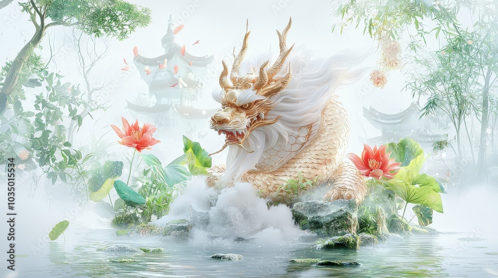 A majestic golden qilin statue displayed against a lush garden backdrop ...