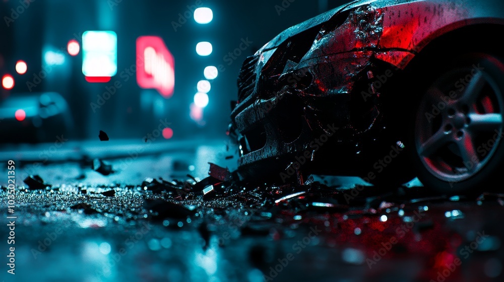 Twisted wreck of a car, front-end embedded into a concrete barrier ...