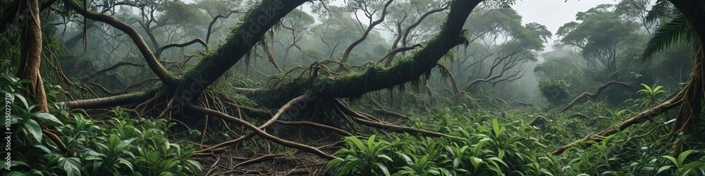 A lush jungle caught in a hurricane's path, with trees uprooted and ...