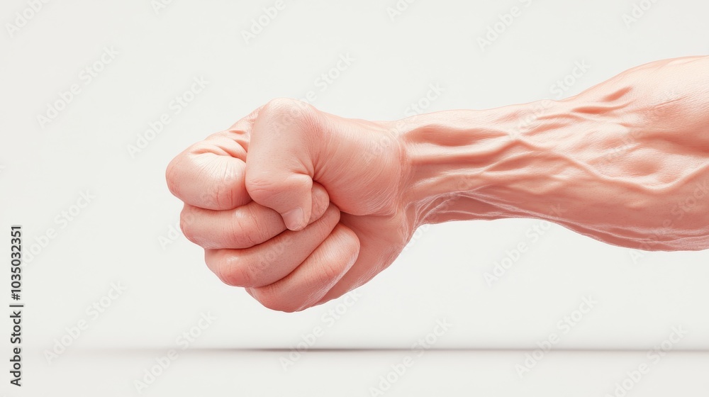 clenched fist gesture, photorealistic 3d model, flesh-colored male hand ...