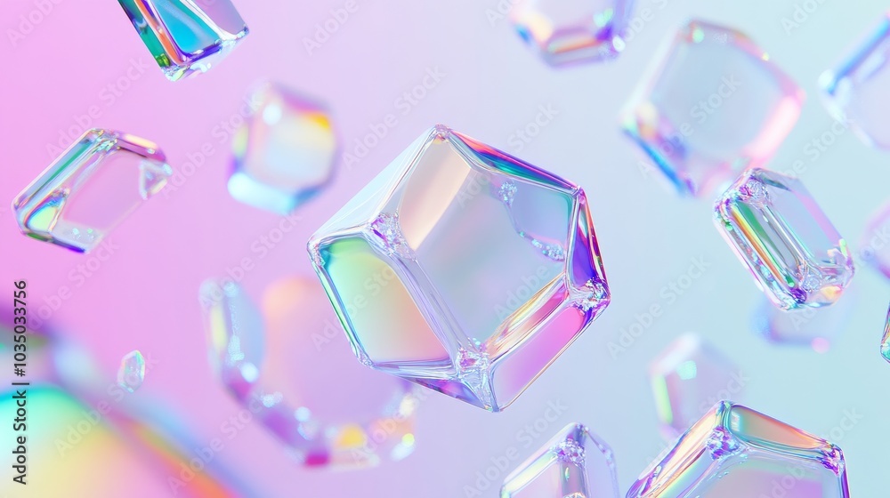 iridescent pentagon shapes, 3d rendered buttons, jewel-tone palette ...