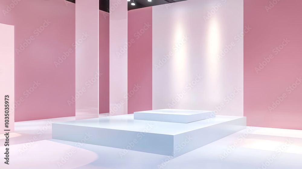 delicate cream 3d display booth, baby pink walls, powder blue platform ...