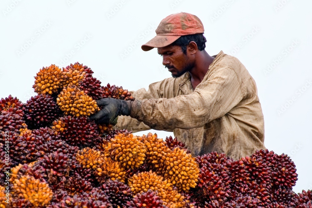 Palm oil production process in a rural village, showing a worker ...