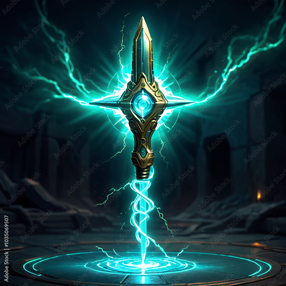 A golden sword with a glowing blue eye at its center emits vibrant blue ...