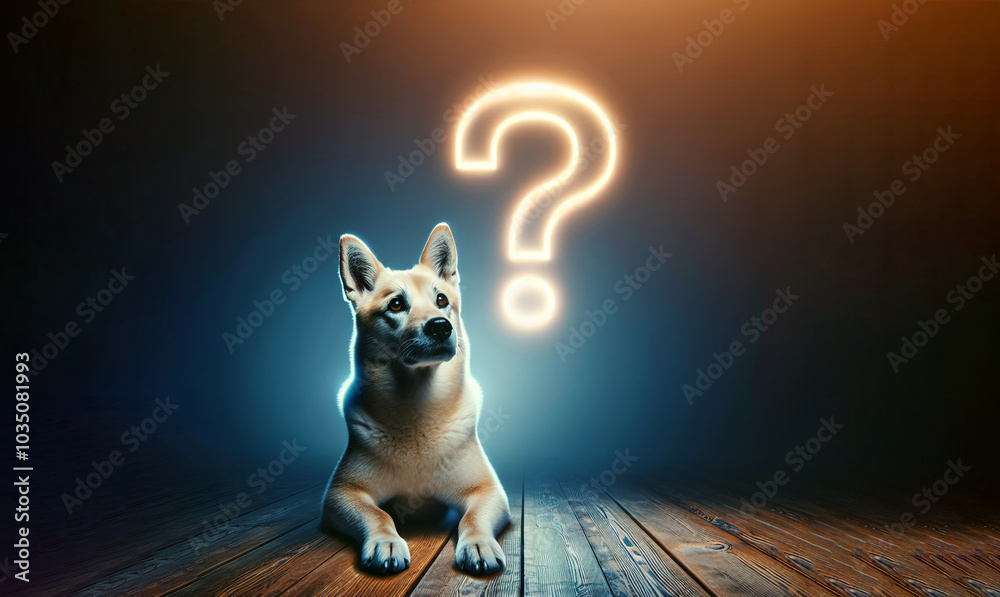 Curious dog pondering with glowing question mark against a whimsical ...
