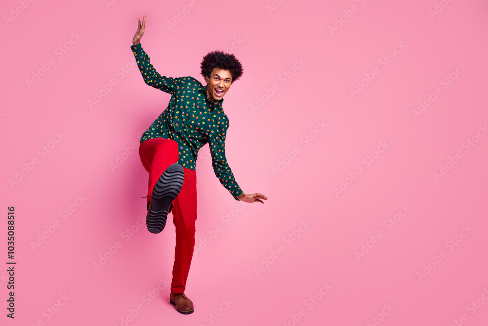 Full size photo of eccentric guy with wavy hair dressed print shirt red ...