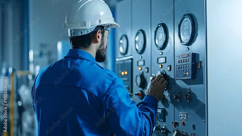 Worker monitoring control panel, overseeing fuel processing operations ...