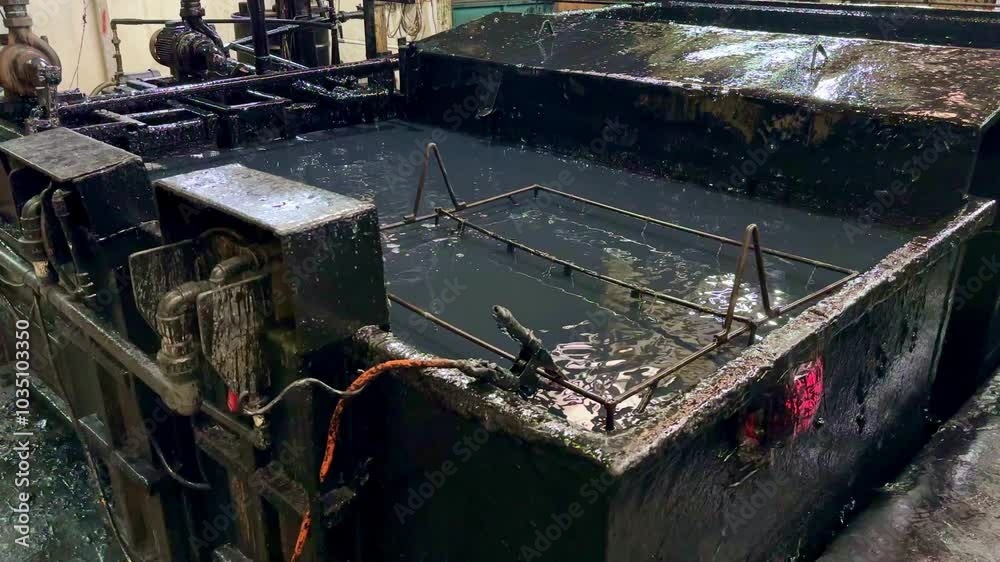 A tub containing black paint liquid for the electroplating process ...