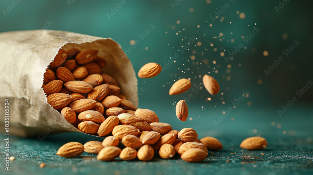 Almonds pouring from open pack in mid air create dynamic and visually ...