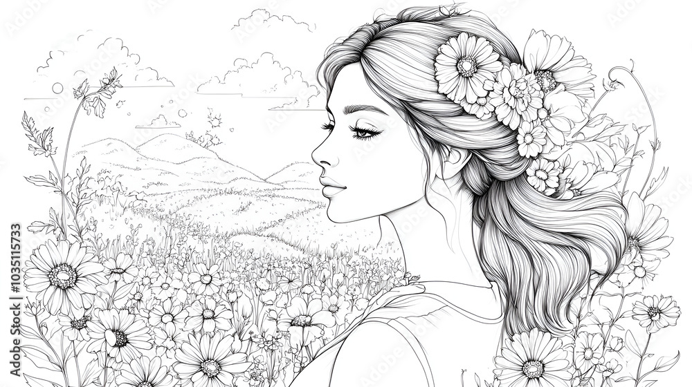 Woman in flower field coloring book page, hand drawing sketch of summer ...