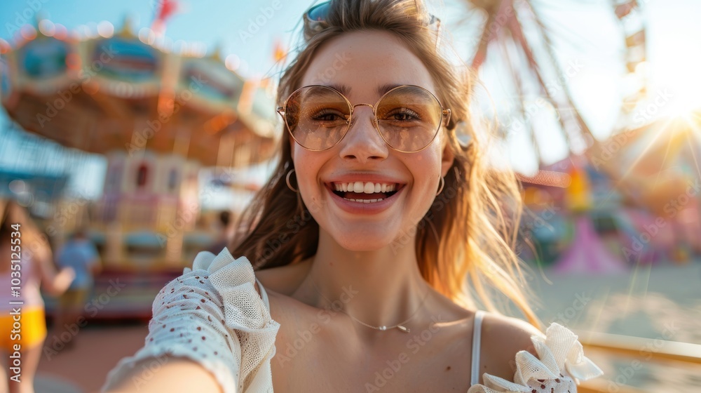 Joyful woman capturing selfie during summer vacation with a sense of ...