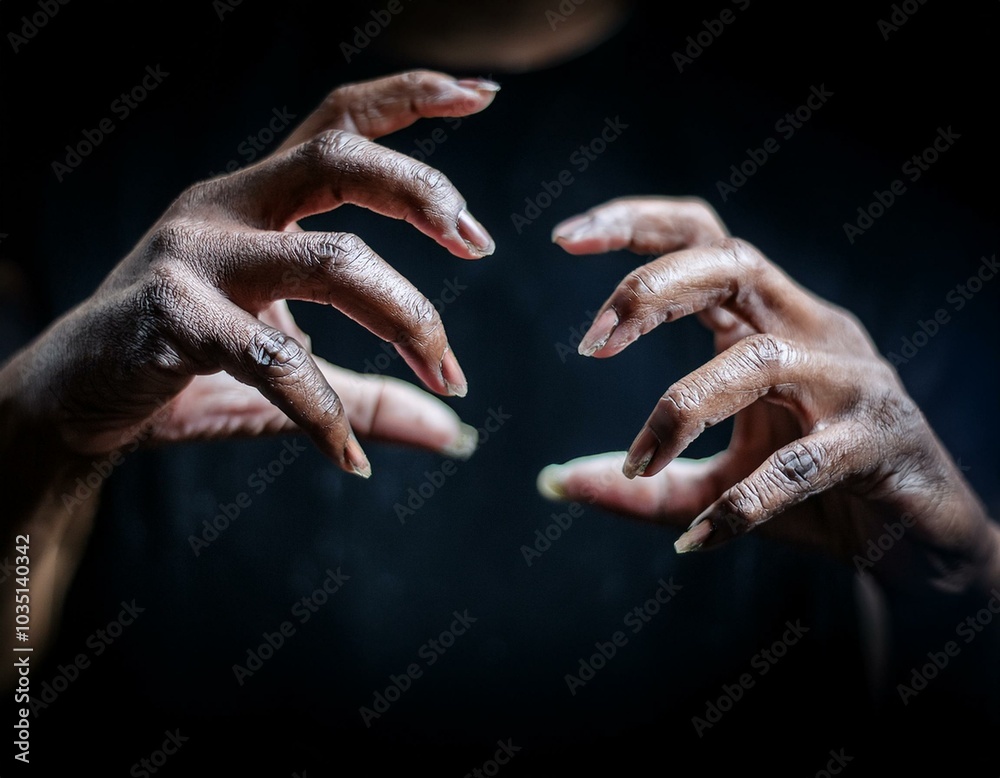 Closeup view of two female old scary mystic hands with long black nails ...