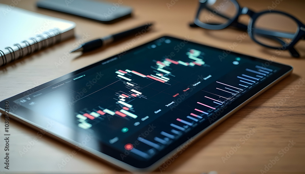 a tablet screen showing a detailed financial graph with upward trends ...