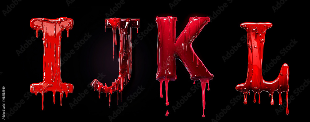 Blood font lettering. Letter I, J, K, L dripping red liquid text effect ...