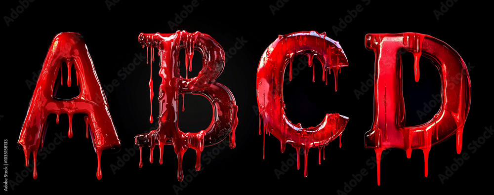 Blood font lettering. Letter A, B, C, D dripping red liquid text effect ...