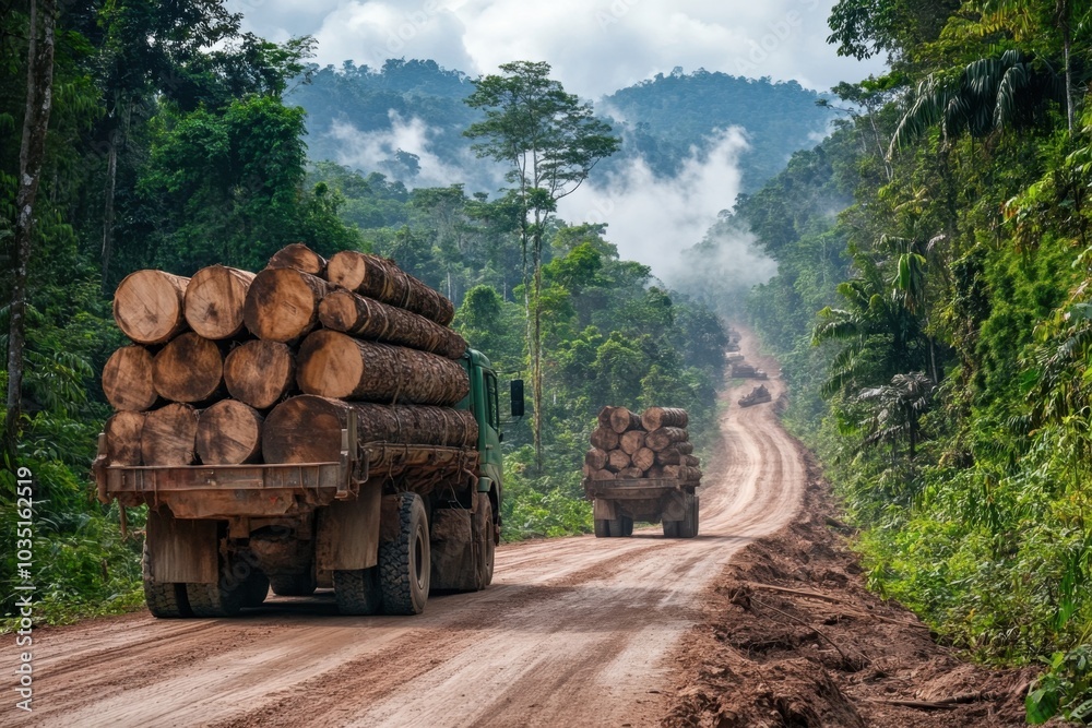Trucks loaded with logs on a dirt road through a forest, illustrating ...