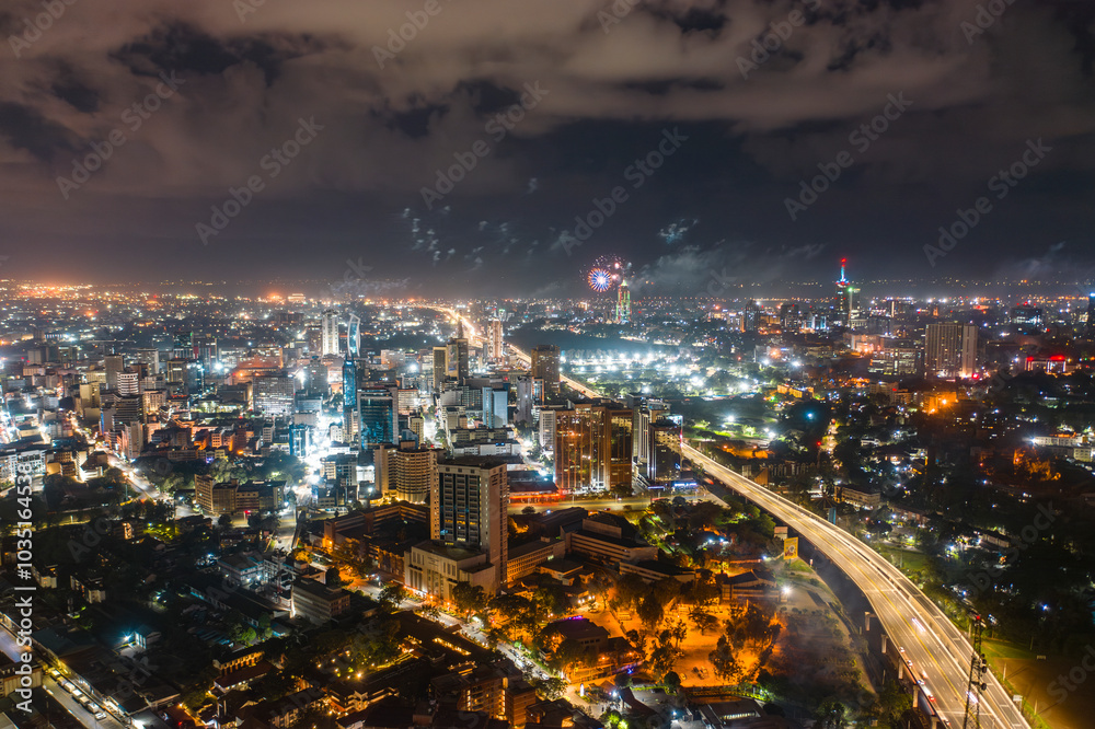Aerial view of vibrant fireworks over the Nairobi Expressway and ...