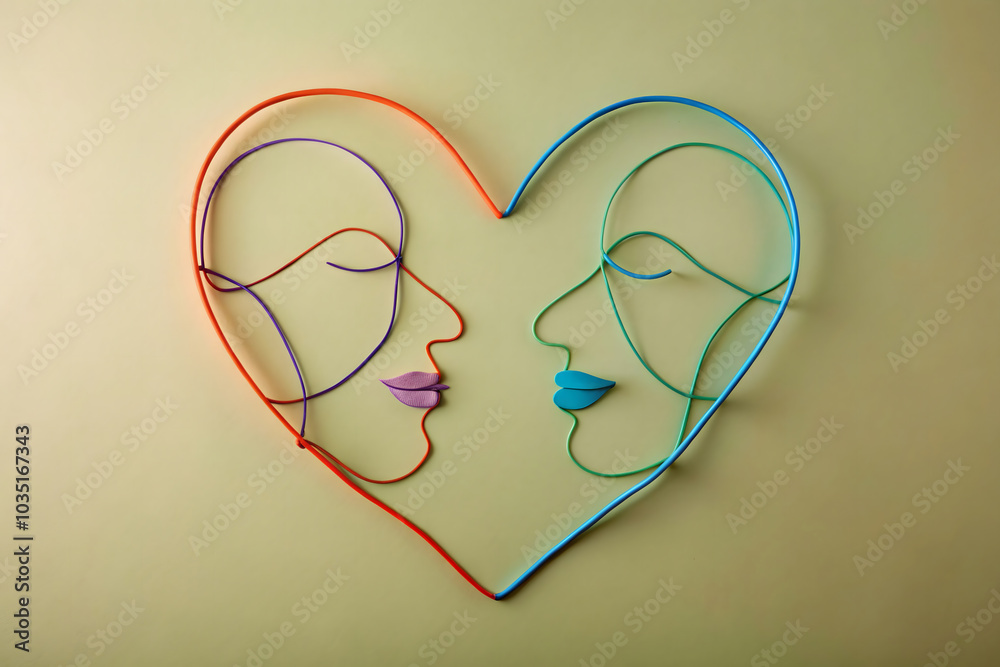 Single continuous line sketch of two connected faces in heart shape ...