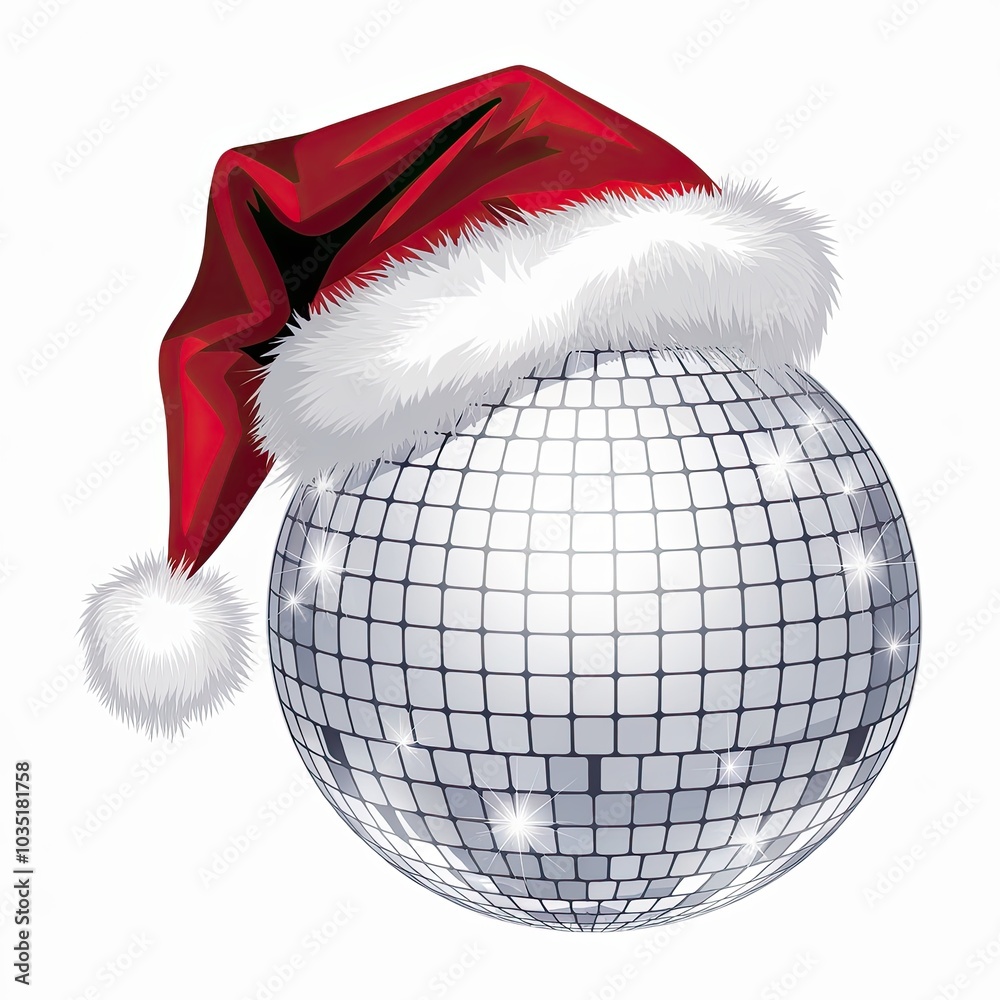 Silver disco ball with red Santa hat illustration, Illustration of a ...