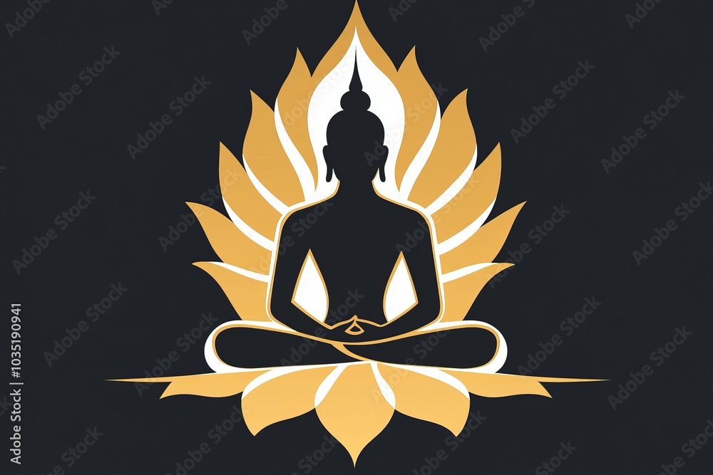 Bold vector illustration of a meditating Buddha figure surrounded by ...