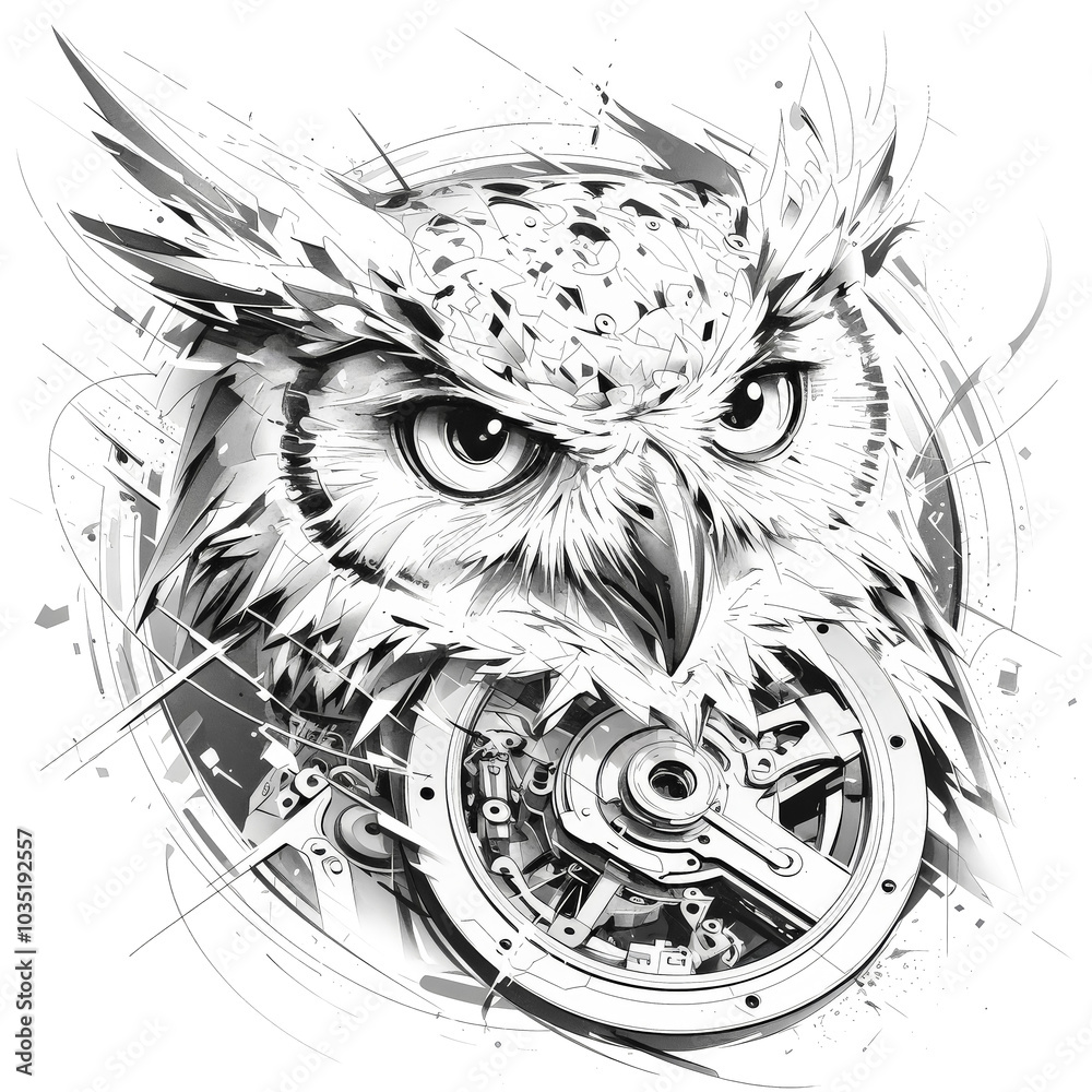 Black and white drawing of an owl with a clock in its eye Stock Photo ...