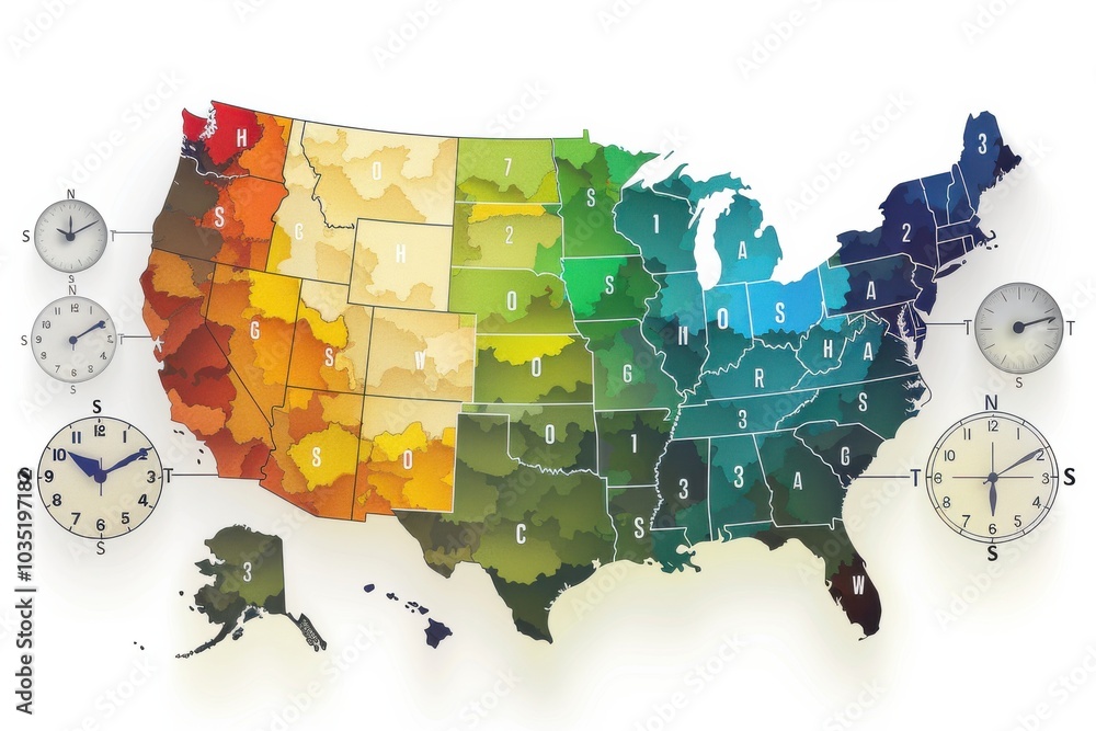 A colorful USA map with time zone clocks illustrating the diverse ...