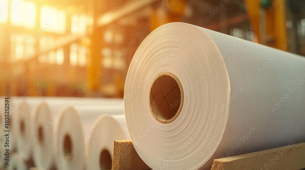 Large rolls of paper being produced in a paper mill, paper production ...
