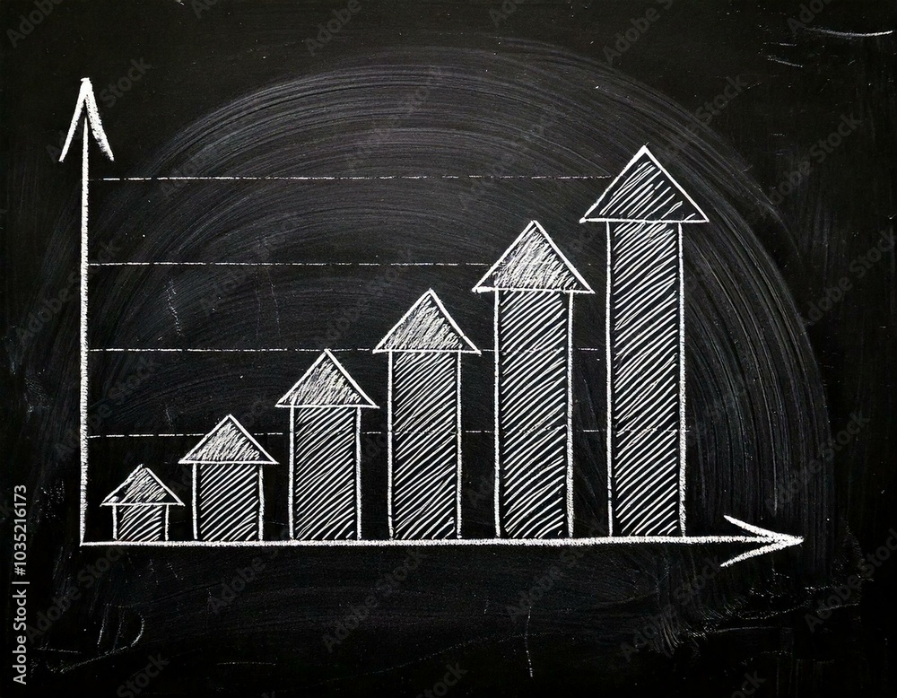 increase on a bar chart on a blackboard progress grow growth progress up arrow arrow-headed bars ...