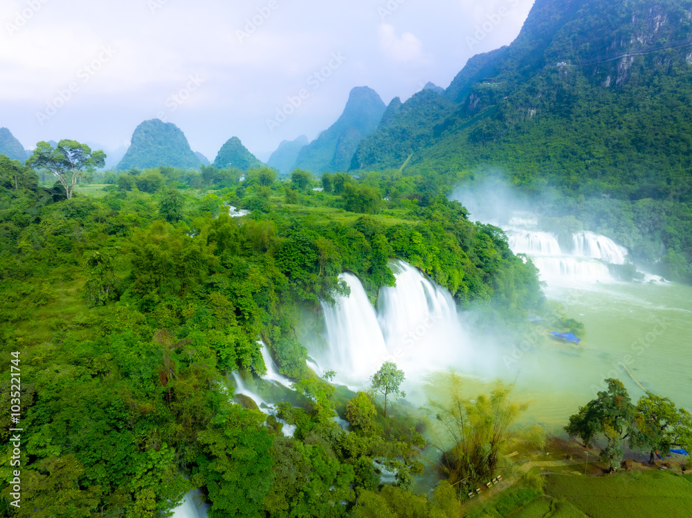 Aerial view of Ban Gioc Detian waterfall in Vietnam China border. The ...