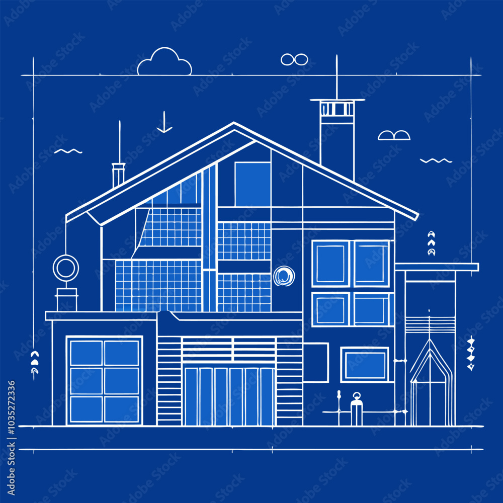 A detailed blueprint illustration of a modern house design, showcasing ...