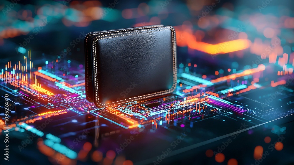 A sleek digital wallet is showcased against a vibrant, futuristic ...