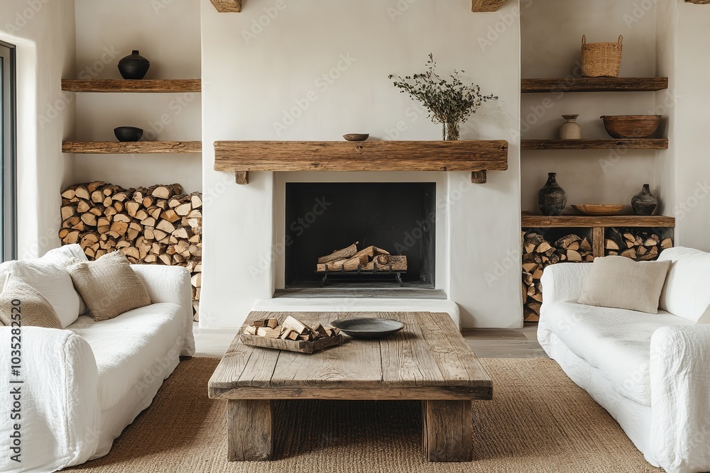 Rustic wooden coffee table positioned between two white sofas near a ...