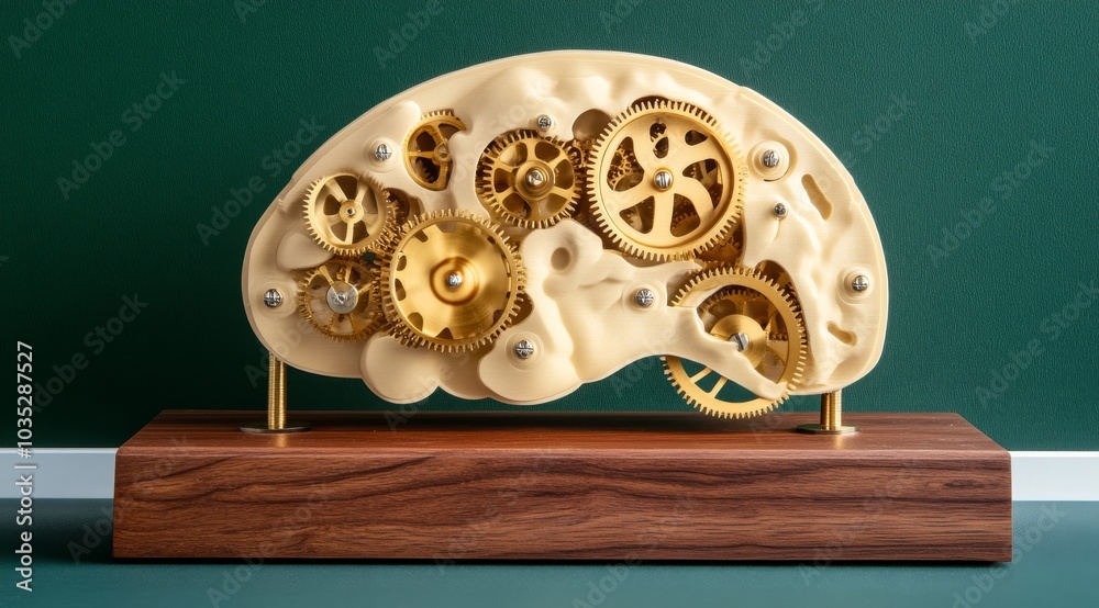 3D-printed brain model with gears on wooden base, bright colors, green ...