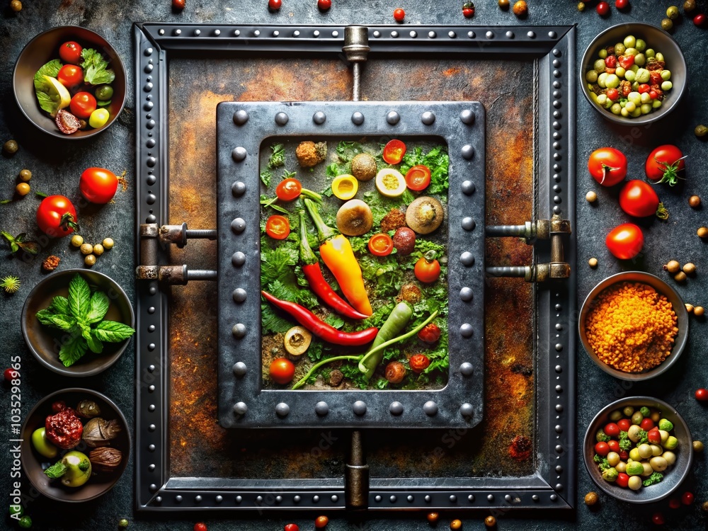 Black Metal Background with Steel Strip Border and Culinary Delights ...