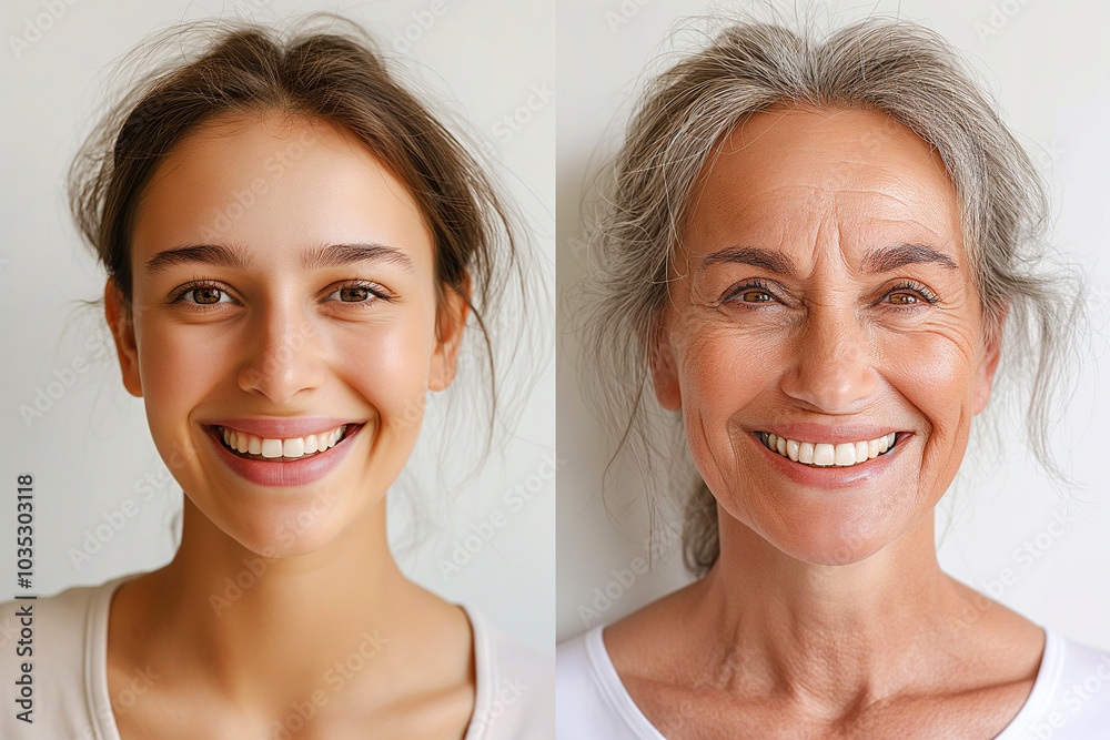 Comparison of old and young face, teenager and old woman. Aging, fear ...