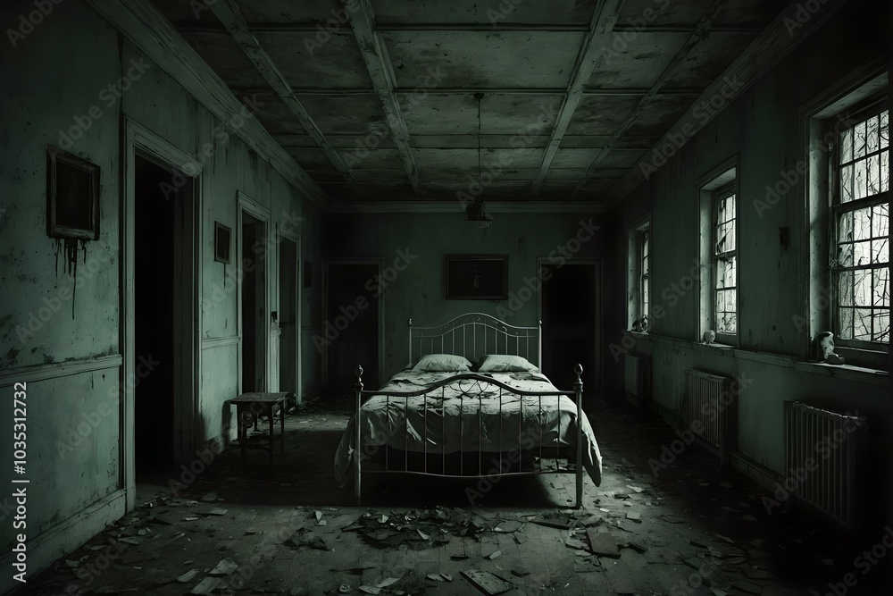 haunted abandoned asylum, haunted hospital room with blood stains on ...