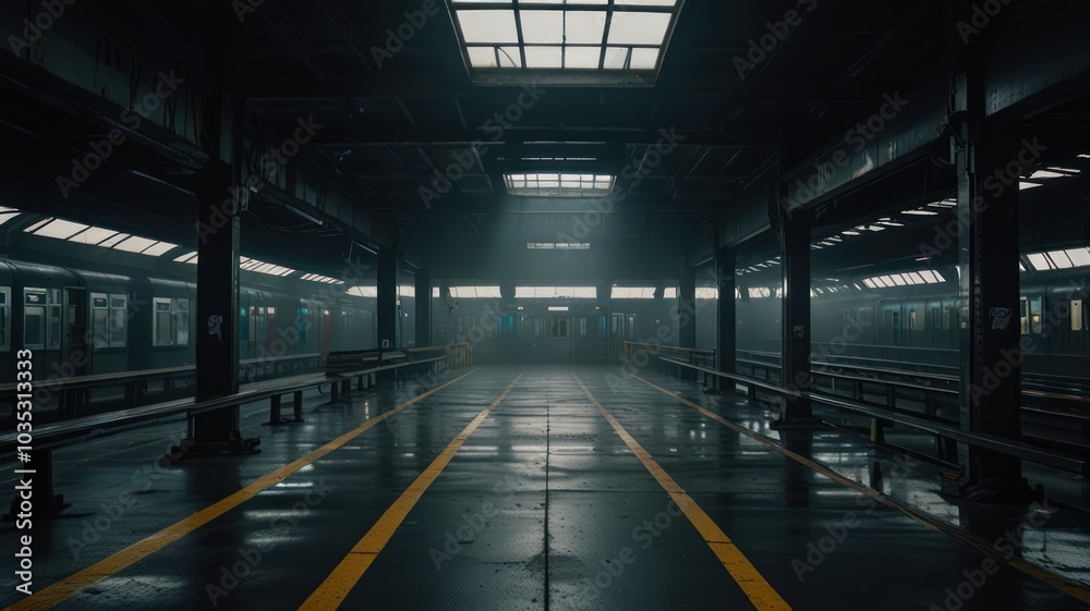 A long, empty subway platform with a faint light at the end. The ...