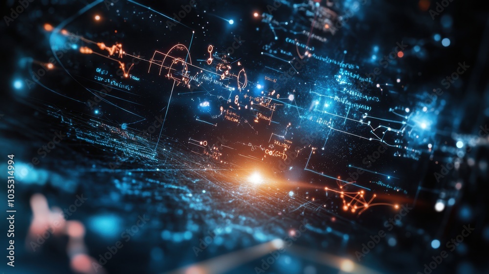 Against a starry backdrop, mathematical and physical formulas glow ...