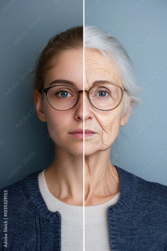 comparaison, visage de femme de face jeune et vieille, à deux ages de ...