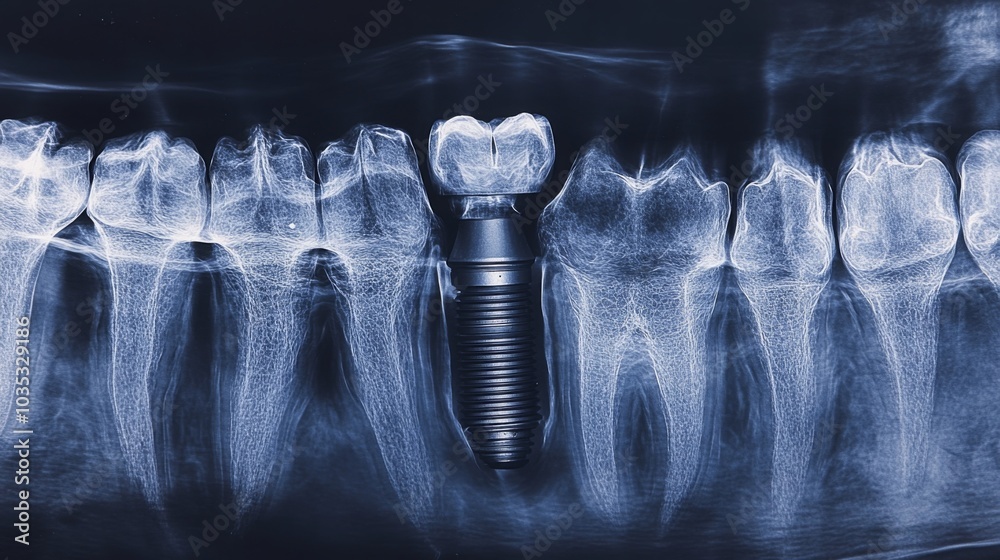 A dental x-ray showing a dental implant with a crown in place. The ...