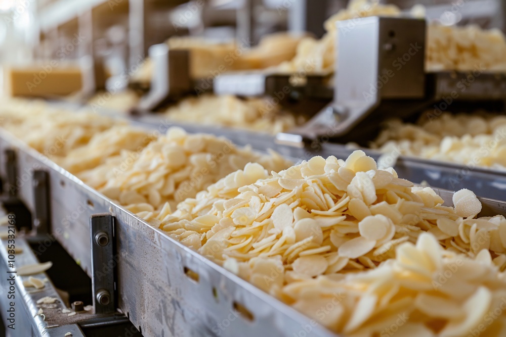 Thinly sliced potato chips are being processed on a conveyor belt in a ...