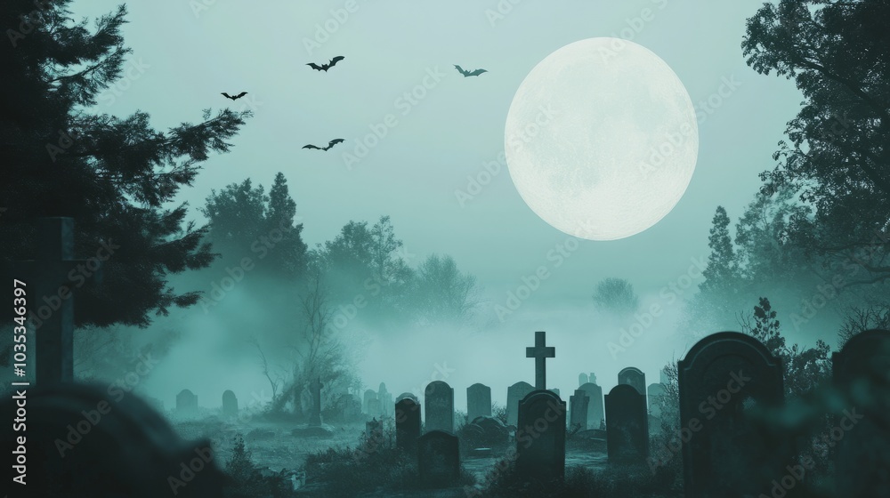 Full moon over a graveyard with fog rolling over the tombstones and ...