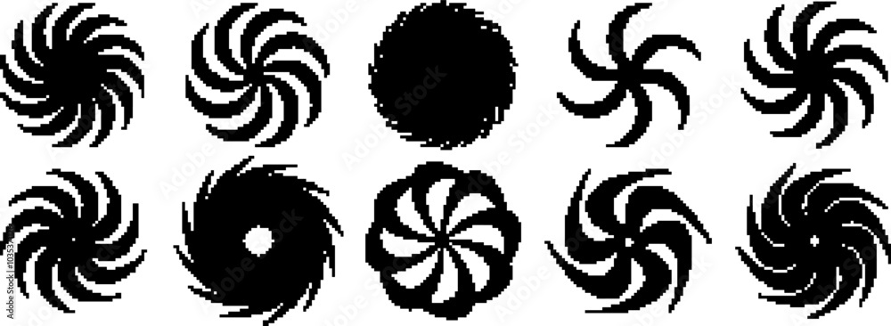 Сollection of abstract black pixel swirl. Designs resemble pinwheels ...