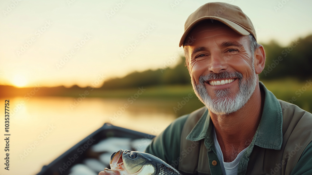 A close-up portrait of a happy man holding a large carp fish on a boat ...